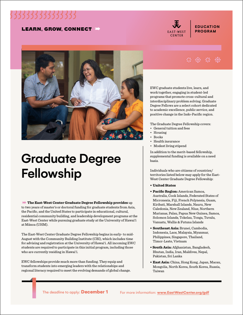 East-West Center: Graduate Degree Fellowship - EducationUSA Taiwan 留學美國 ...
